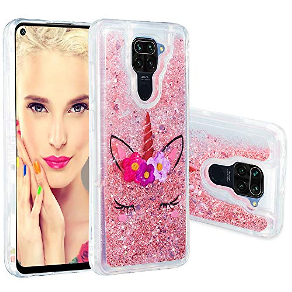OOPKINS Glitter Liquid Case for Redmi Note 9 Sparkle Floating Shiny Quicksand Clear Soft TPU Silicone Shockproof Protective Bumper Thin Cover for Redmi Note 9 Bling Eyelash Unicorn XY