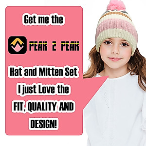 PEAK 2 PEAK Girls Hat and Fingerless Gloves Winter Set, Marled Yarn Knitted with Pink Pompom on hat and Glove - Age 4-12 Years