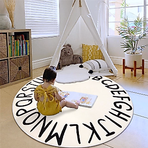 LIVEBOX ABC Play Room Round Kids Rug Circle for Playroom, Learning Nursery Rug Alphabet Washable Rug for Baby Boy and Girl Bedroom, Non-Slip Educationa Carpet for Toddlers (59",Black,Beige)