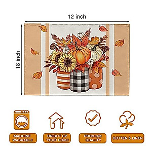 Seliem Fall Pumpkin Sunflower Placemats Set of 4, Autumn Leaves Flower Buffalo Plaid Mason Jar Farmhouse Dining Table Place Mats, Thanksgiving Seasonal Kitchen Decor Party Home Decoration 12x18 Inch