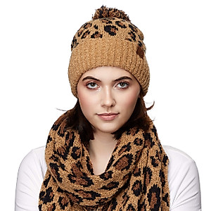 C.C Exclusives Soft Beanie hat with Leopard Pattern and Fur Pom(HAT-7001) (Latte-Leopard Pom)