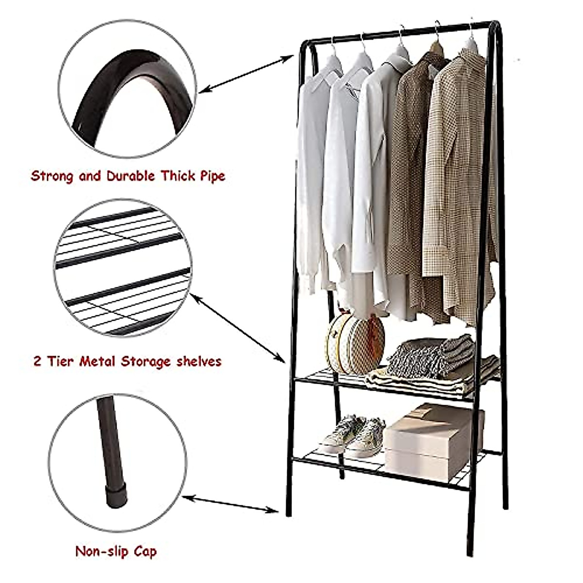 Mivnue Clothes Garment Rack with Shelves, Heavy Duty Clothing Rack for Bedroom, Metal Clothes Rack for Hanger Clothes, Small Clothes Rack Black