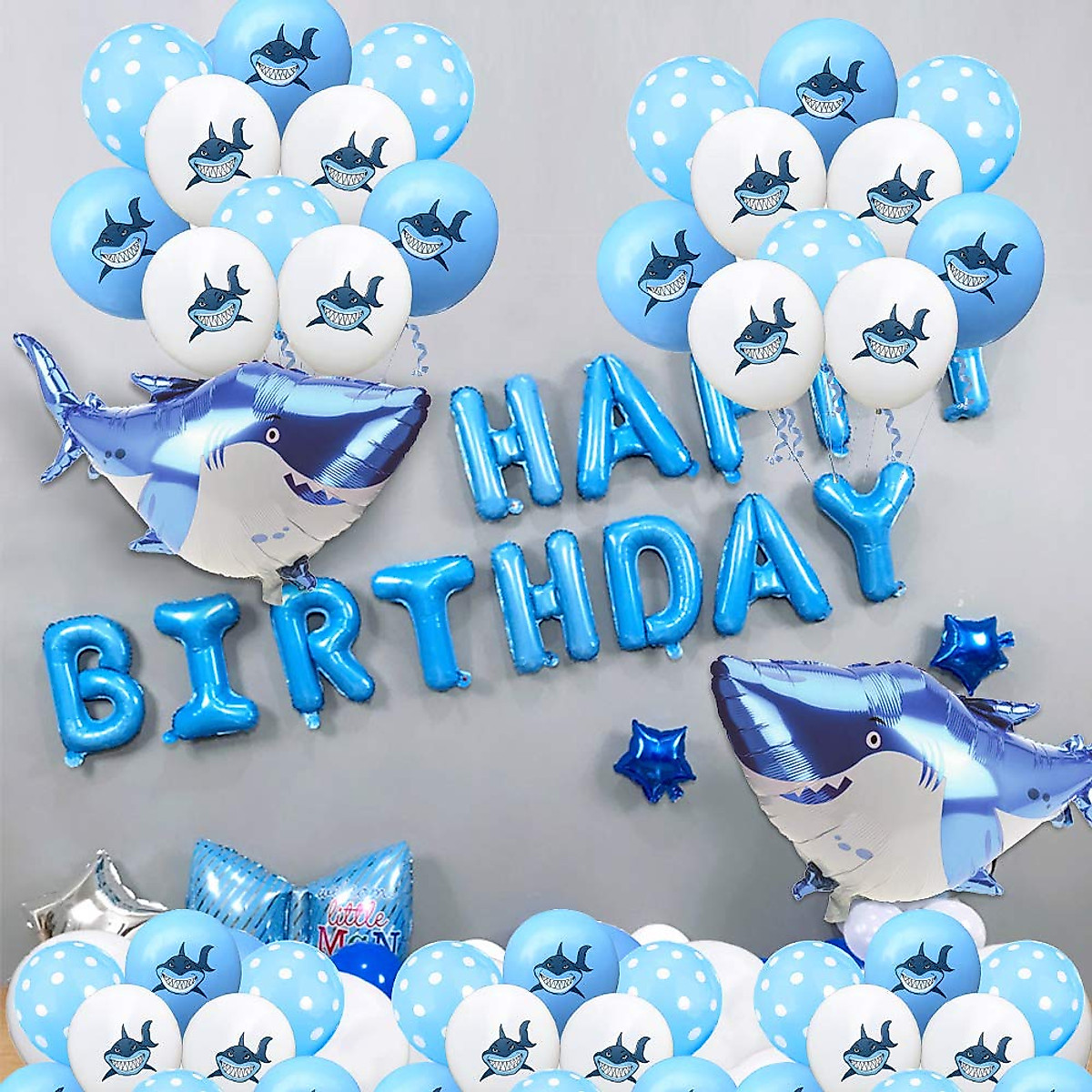 SAKOLLA Set of 22 Shark Theme Party, 2 x 37" Large Shark Foil Balloons and 20 x 12" Shark Latex Balloons