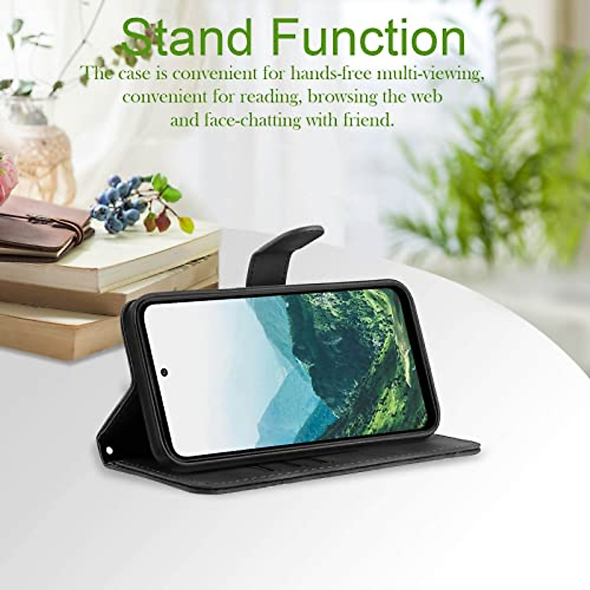 JHWVVTF for Moto G 5G 2022 Wallet Case, Card Holder Leather Kick-Stand, Wrist Strap, Magnetic Closure, Shockproof Protective Pattern Flip Cover (Black)