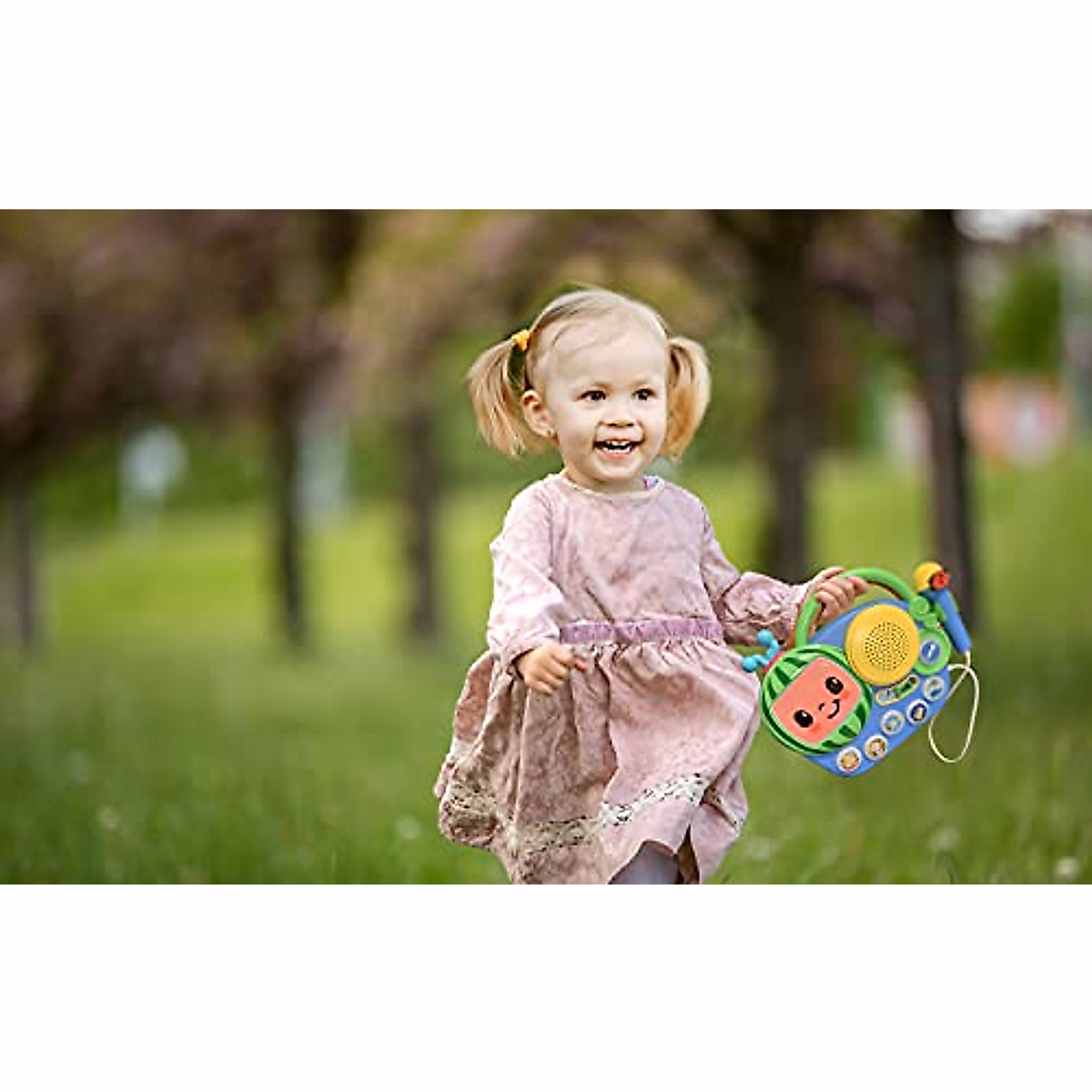 eKids Auxiliary Cocomelon Toy Singalong Boombox with Microphone for Toddlers, Built-in Music and Flashing Lights, Fans of Cocomelon Gifts