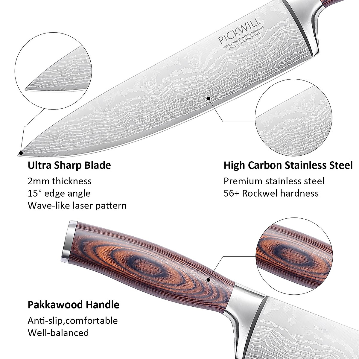 PICKWILL Kitchen Knife Set, 3-Piece Chef Knife Set, Sharp Knives Set with Wooden Handle, High Carbon Stainless Steel Professional Kitchen Knives, Elegant Gift Box for Home or Restaurant