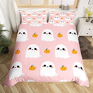 Erosebridal Halloween Bedding Set Cartoon Ghost Comforter Cover Halloween Pumpkin Decorations,Gothic Pumpkin Lights Duvet Cover Twin,Kawaii Shadows Pink Room Decor Halloween Decorations Indoor
