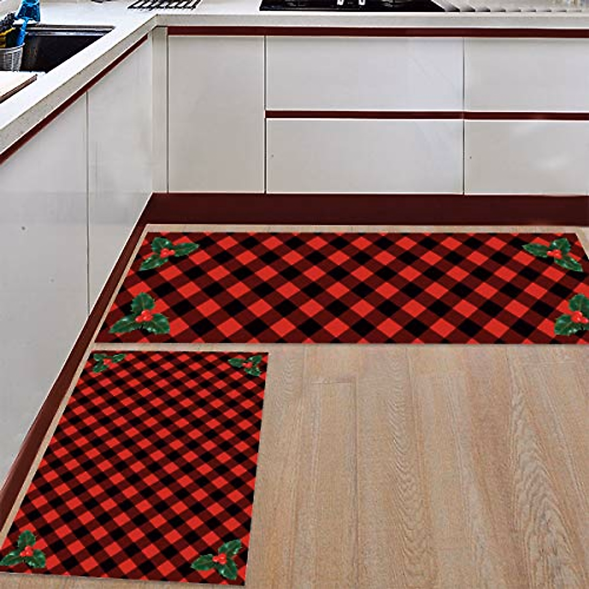 FDECOR Christmas Kitchen Mats Set of 2, Christmas Red Lattice Berry Cushioned Rugs Floor Mats for Kitchen Laundry,Non Slip Farmhouse Kitchen Runner Rugs Comfort Standing Mat, 19.7x31.5in+19.7x63in