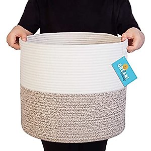 OrganiHaus Large Blanket Basket for Living Room | Woven Laundry Basket for Storage | Toy Basket for Baby | Cotton Rope Storage Basket for Organization | Brown & White Woven Basket for Room Decor 16x14