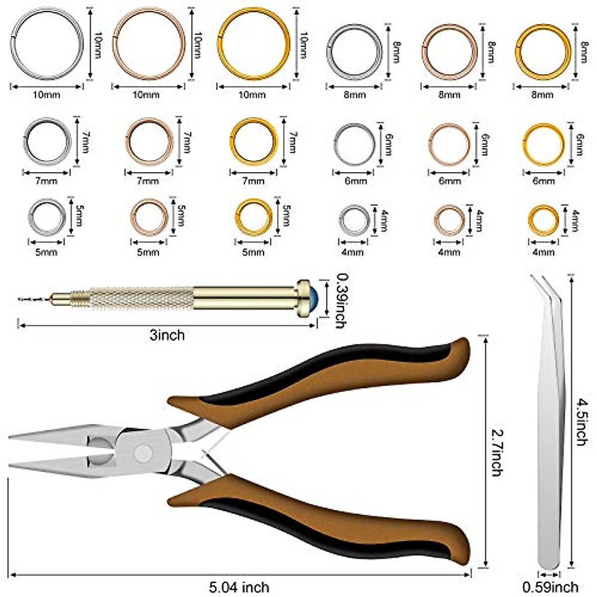 1014 Pieces Nail Dangle Charm Piercing Tool Hand Drill, Nail Charms 6 Sizes Jump Rings Connectors with Jump Ring Open Close Tool, Pliers and Tweezers for Jewelry Making Supplies
