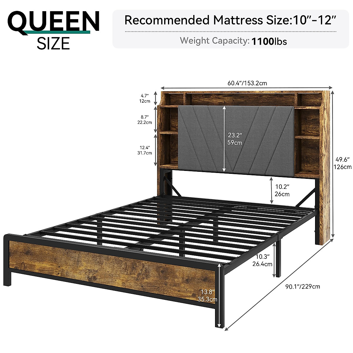 YITAHOME Queen Bed Frame with Storage Headboard, Platform Upholstered Bed with LED Lights & Charging Station, No Box Spring Needed - Brown