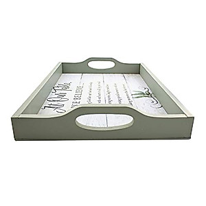 at Our Table We Believe Prayer Serving Tray with Slatted Wood Look 18"x 12" Rustic Farmhouse Modern Sage Green Leaves Decorative Large Platter