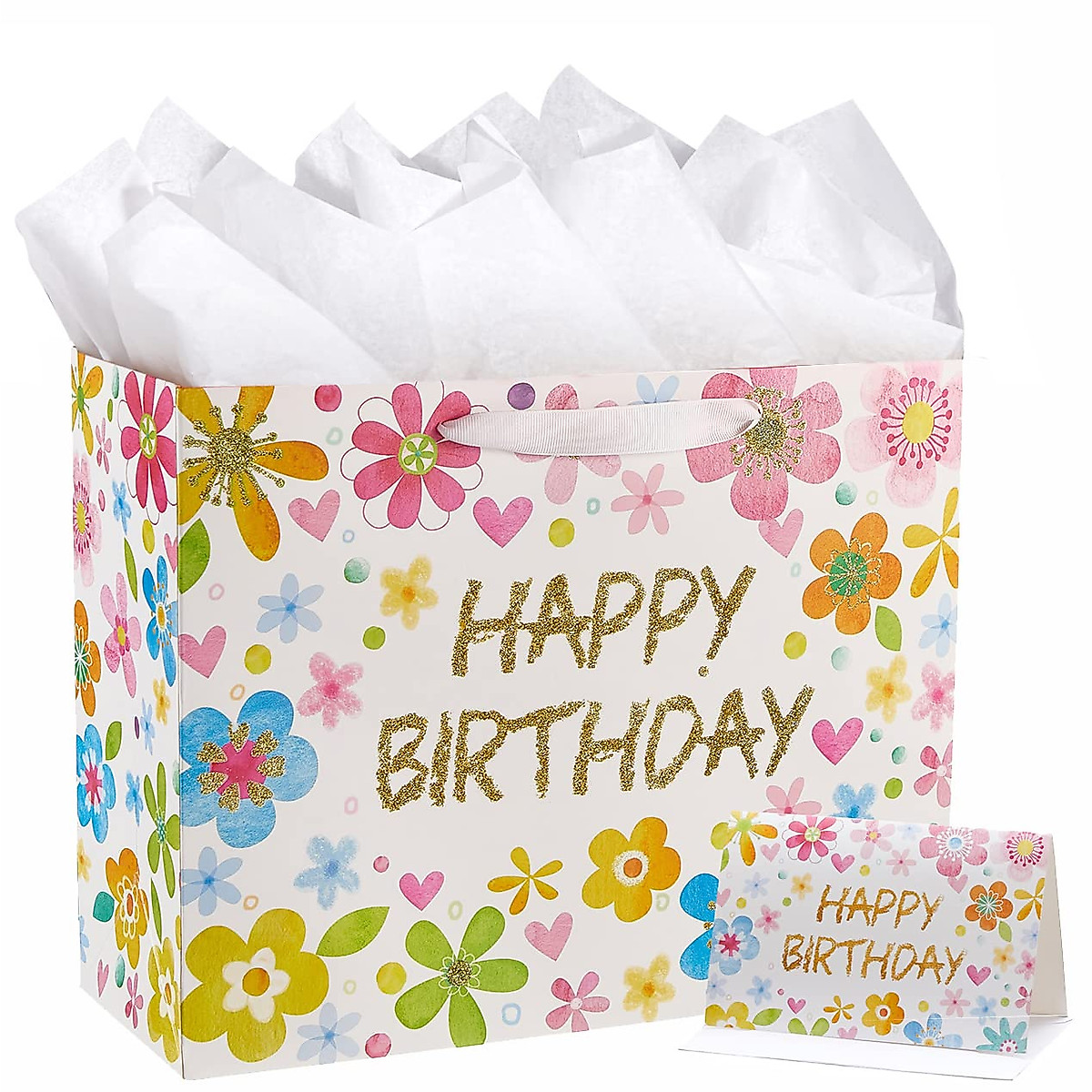 SUNCOLOR 13" Large Birthday Gift Bags with Tissue Paper and Card(Flowers)
