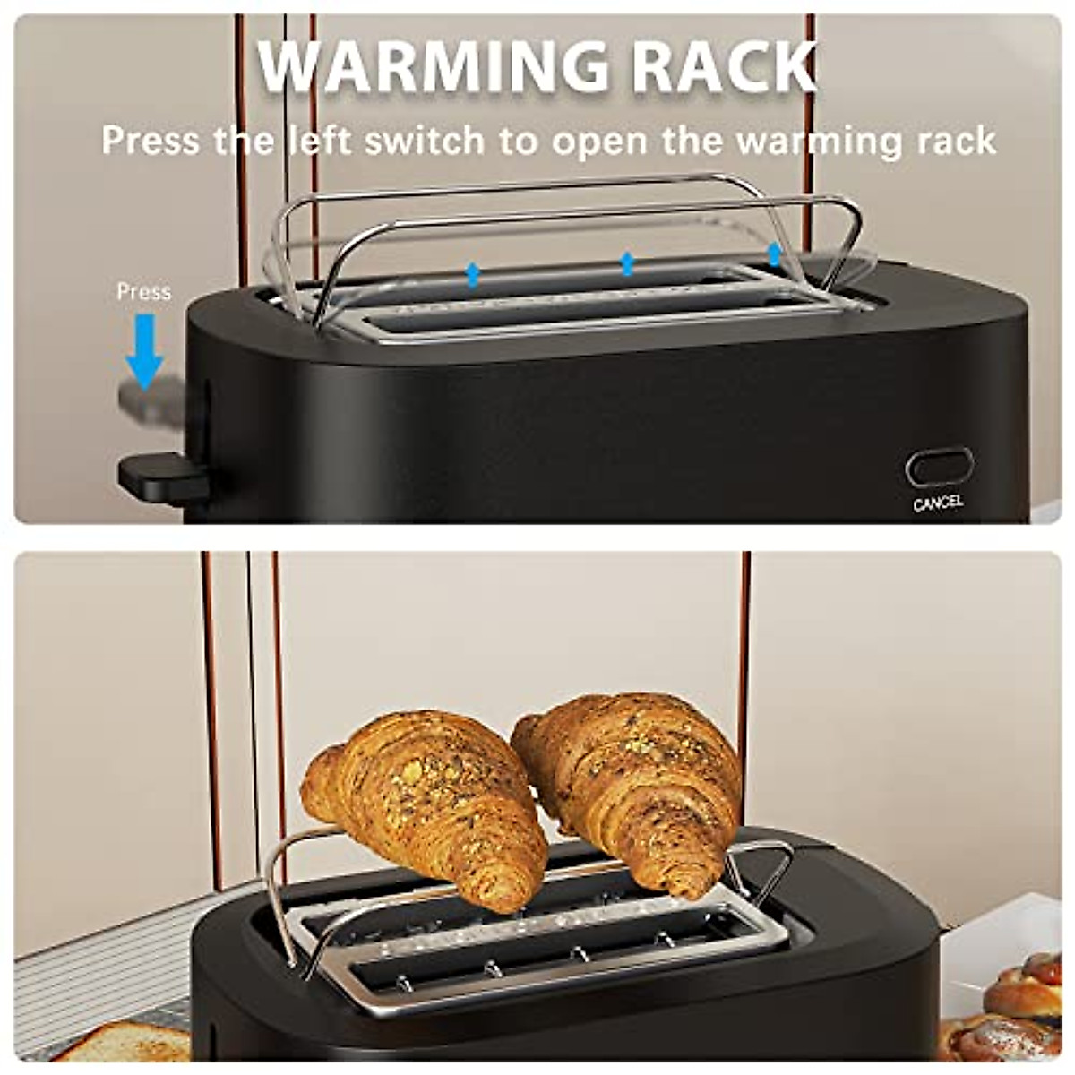 Anfilank Toaster 2 Slice, Wide Slots with Warming Rack, Cancel, Bagel, Defrost Function, 6-Shade Settings, Removable Crumb Tray and High Lift Lever Classic Bread Toaster, 900W BPA free(Black)