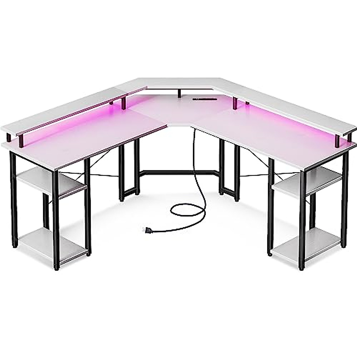 Coleshome L Shaped Gaming Desk with LED Lights & Power Outlets, Reversible 56" Computer Desk with Full Monitor Stand & Storage Shelves, Ergonomic Home Office Corner Desk, White