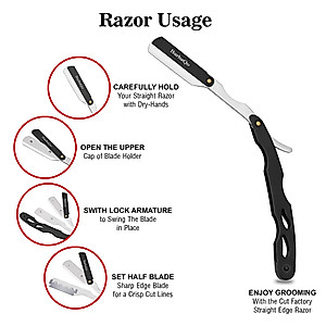 Straight Razor - Straight Razors for Men, BarbaQo Professional Barber Razor with 10 Sinlge Blades, 100% Stainless Steel Straight Razor for Close Shaving