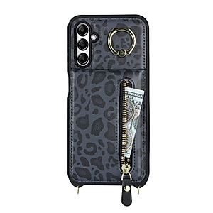 DEYHU for Samsung Galaxy A14 5G Case with Card Holder and Strap for Women,Crossbody Lanyard,Ring Stand,Snap Clasp,Phone Wallet Case - Black Leopard