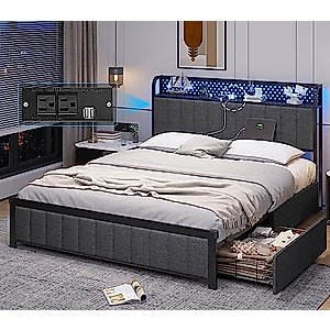 BTHFST LED Bed Frame Queen Size with Storage Drawers, Upholstered Metal Platform Bed Frame with USB Ports & Charging Outlets, No Squeak, Verticle Channel Tufted Headboard & Footboard, Dark Gray