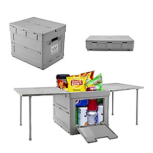 W WANTSANDNEEDS Folding Storage Bin – Collapsible Foldable Storage Bin with Lid – 2-in-1 Portable Plastic Bin with Folding Table – Storage Tote for Camping, Picnic, Outdoor Activities, Tailgating