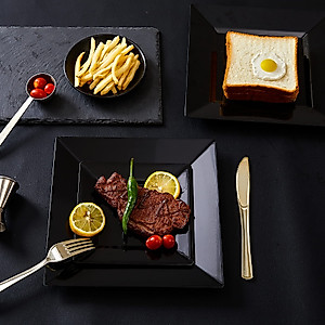 N9R 60 Pack Black Square Plastic Plates (9.5'' Dinner, 6.5'' Dessert/Salad) - Classic, Disposable, BPA Free, Reusable & Recyclable - Great for Parties & Weddings