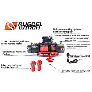 RUGCEL WINCH 13500lb Waterproof Electric Truck Winch 12V Synthetic Rope Jeep Winch with Hawse Fairlead,Wired Handle and 2 Wireless Remote,for Trailer and Wrangler in Car Lift
