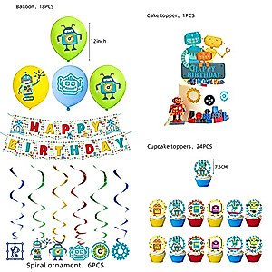 50Pcs Robot Party Supplies Set-Including Happy Birthday Banner,Cake Topper and Cupcake Toppers,Spiral Ornaments,Latex balloons for kid s Boys Robot Theme Party Decoration