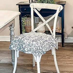 Piper Classics Doylestown Floral Ruffled Chair Pad 16" x 16", Blue & Cream Flower Print, Vintage Farmhouse, Country Cottage Chair Cushion