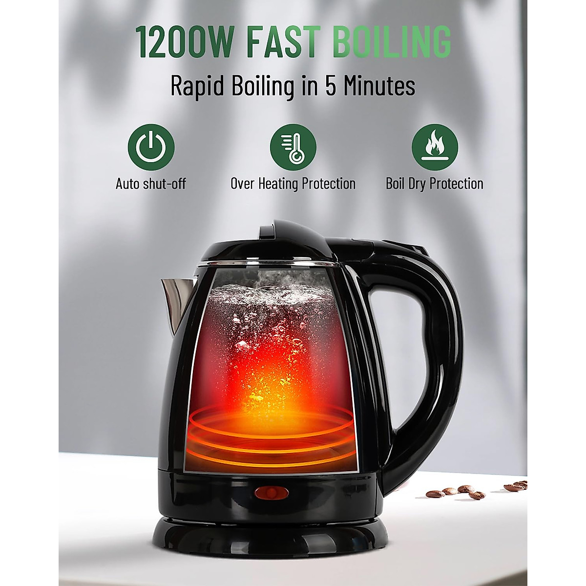 WTJMOV 1.2L Electric Kettle Small, 40 Ounce Hot Tea Kettle Double Wall Stainless Steel, 1200W Electric Water Boiler Rapid-Boil Auto Shut Off Black