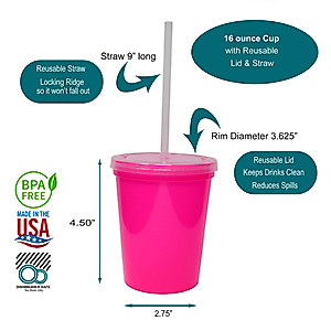 Rolling Sands 16 Oz. Reusable Plastic Stadium Cups with Lids, 6 Pack, USA Made Tumblers and Lids, Includes 6 Reusable Straws; Dishwasher Safe, Translucent Neon Pink