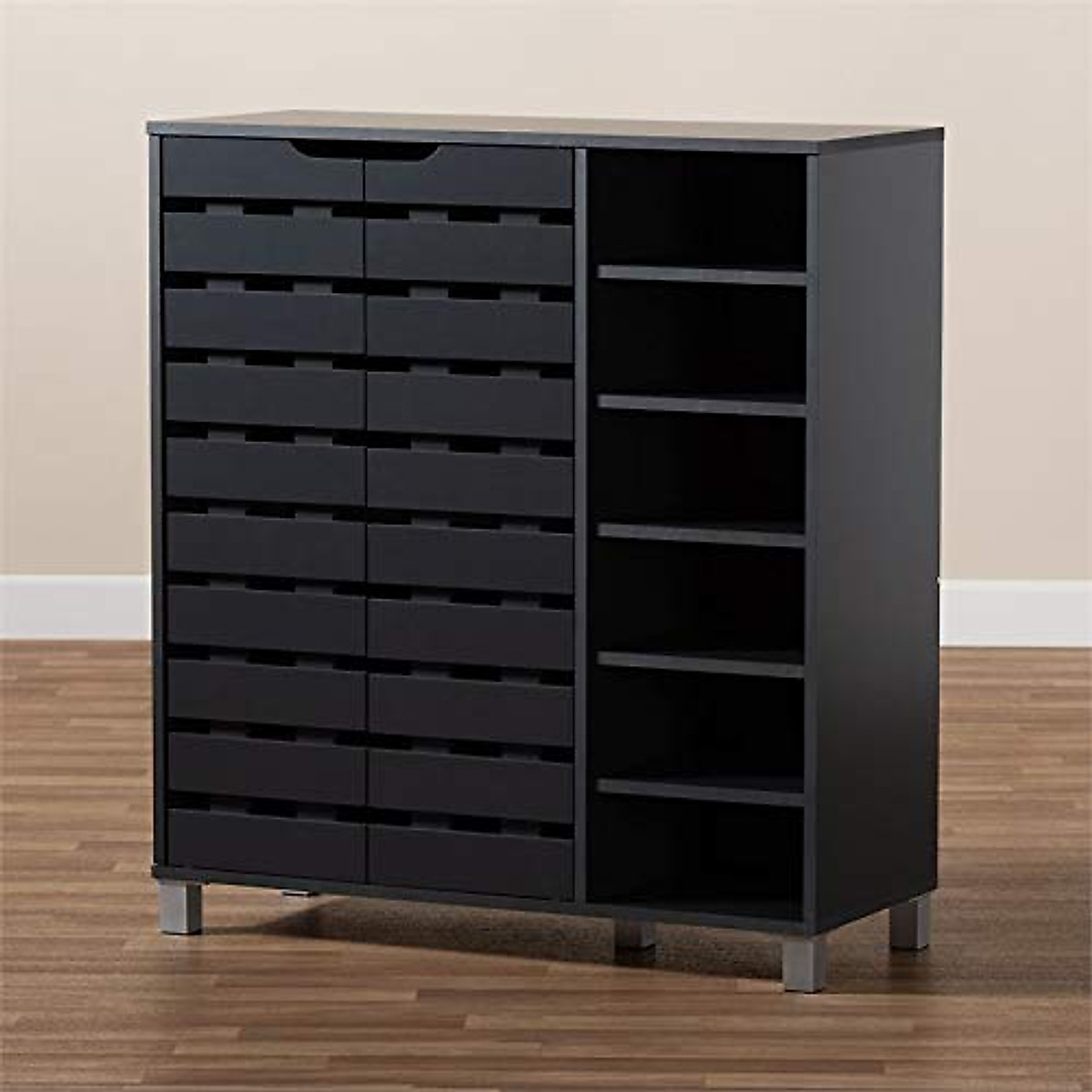Baxton Studio Shirley Modern and Contemporary Dark Grey Finished 2-Door Wood Shoe Storage Cabinet with Open Shelves