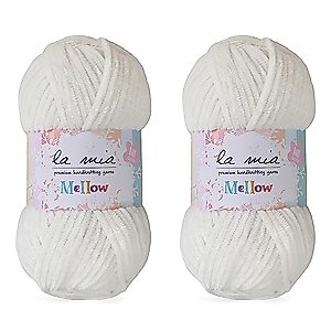 2 Skein La Mia Mellow Velvet Chenille Yarn for Knitting and Crocheting Baby Clothes, Blankets and Accessories, 100% Polyester, 100 gr (3.5 oz) / 115 m (125 Yards), Super Bulky, Cream - 910