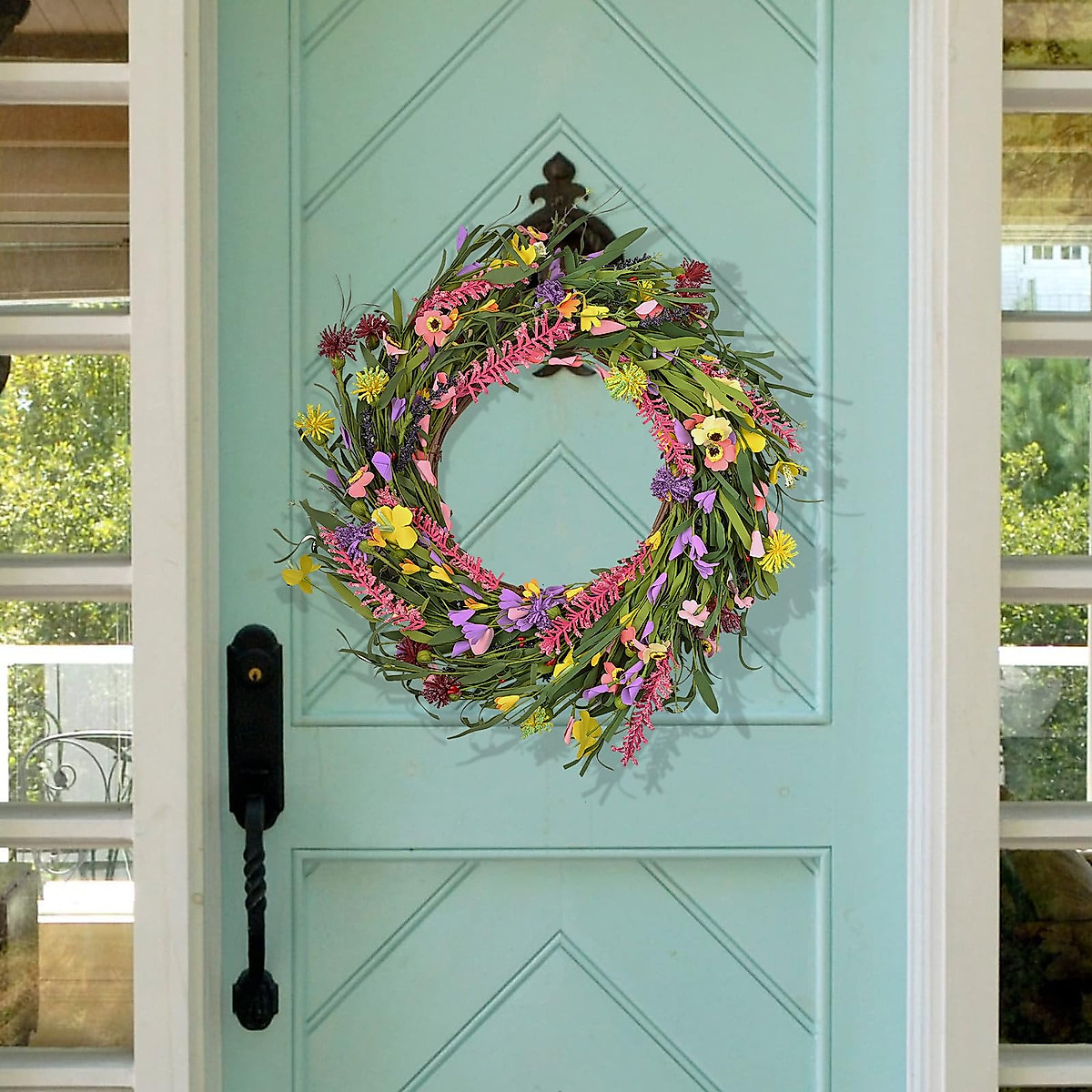 Martine Mall 22 Inch Daisy and Lavender Wreath Wildflower Spring Summer Wreath Floral Wreath Artificial Flower with Berry Wreath for Front Door Garden Party Wedding Home Decor