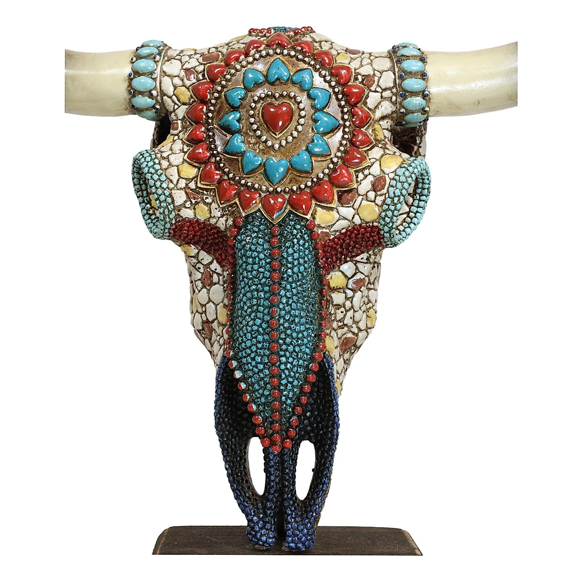 Ebros Gift 17" High Large Western Steer Bison Buffalo Bull Cow Skull Head with Mosaic Turquoise Red Yellow Blue Stones and Beads Ornate Floral Design Desktop Sculpture Native Indian Sacred Skulls