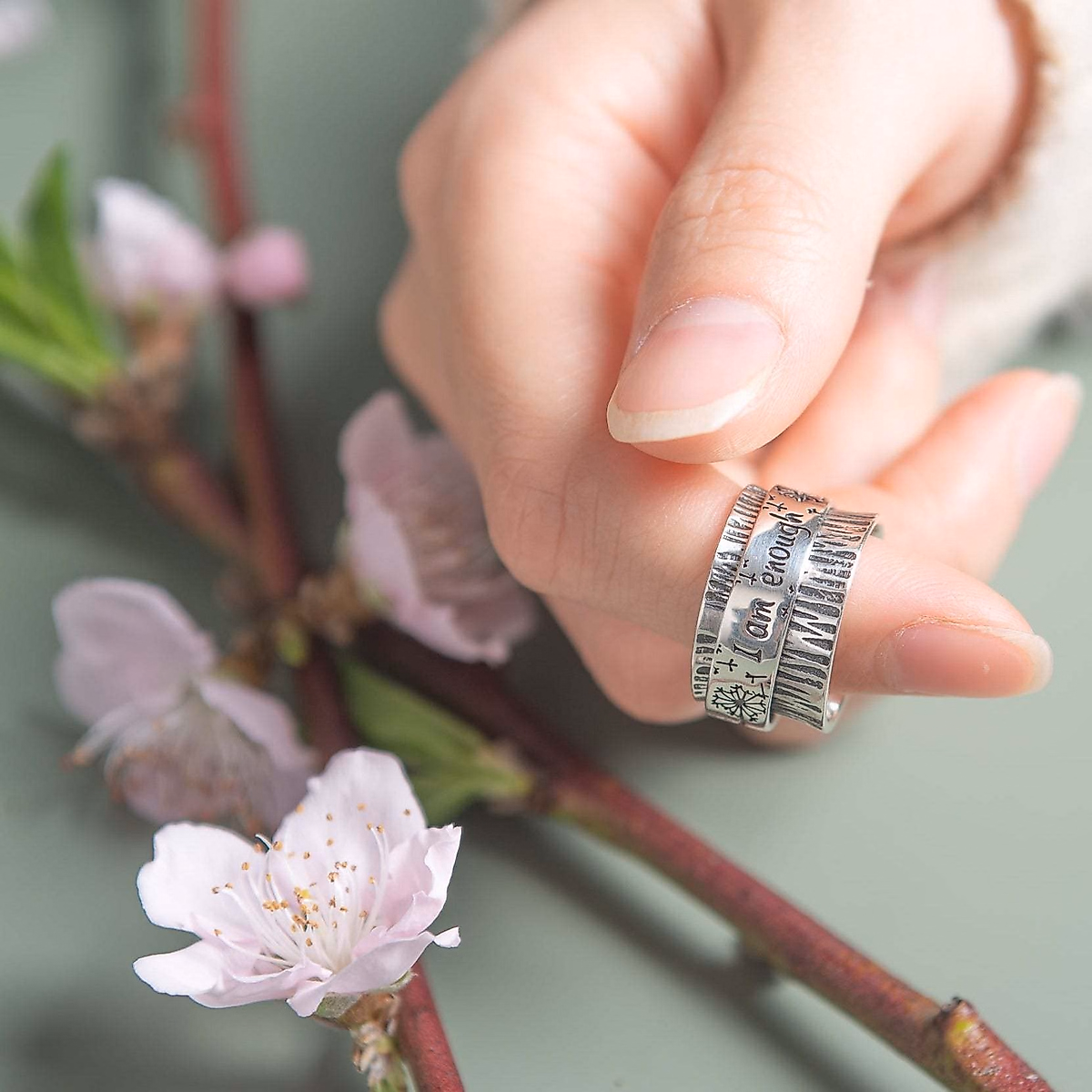 Dandelion Flower Spinner Ring for Women Men I am enough Statement Vintage Anti Anxiety Fidget Rotate Freely Inspirations Stress Relief Stacking Middle Finger Band Fashion Personalized Jewelry Gifts Birthday Xmas (8)