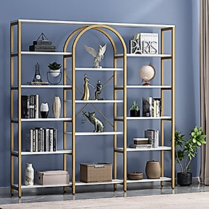 Gyfimoie Triple Wide Gold Bookshelf, 70.87" W x 71.34" H Large Modern Etagere Bookcase, Tall Display Shelf with 13-Tier Open Shelves, Freestanding Staggered Storage Shelf for Home Office (White/Gold)