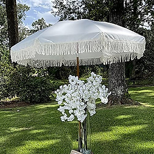 AMMSUN 7ft Patio Umbrella with Fringe Outdoor Tassel Umbrella UPF50+ Premium Steel Pole and Ribs Push Button Tilt,White Cream