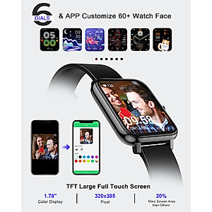 Smart Watches for Men iPhone Compatible: 1.78" Big Face Smart Watch for Android and iOS Phones, IP68 Waterproof Smartwatches Fitness Tracker of Heart Rate Sleep Monitoring for Women, Seniors -Black