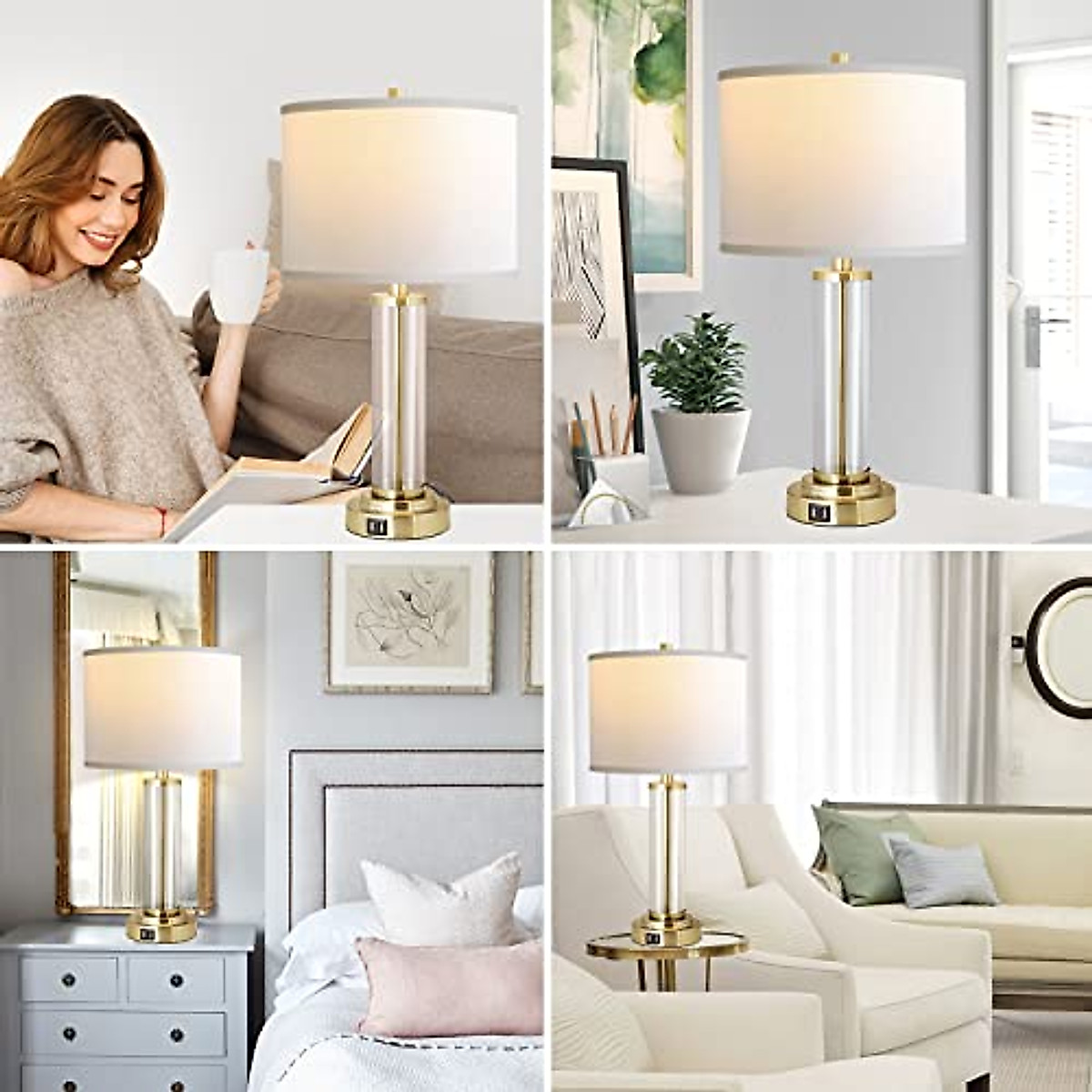 QiMH Modern Nightstand Table Lamps, Fabric Lampshade, Touch Control, 3-Way Dimmable with Dual USB Ports for Bedrooms, Bedside, Living Room, Set of 2 (LED Bulbs Included)