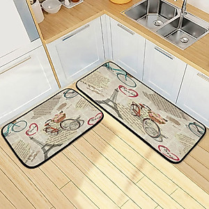 ALAZA Vintage Paris Eiffel Tower France Newspaper 2 Piece Kitchen Rug Floor Mat Set Runner Rugs Non-Slip for Kitchen Laundry Office 20" x 28" + 20" x 48"