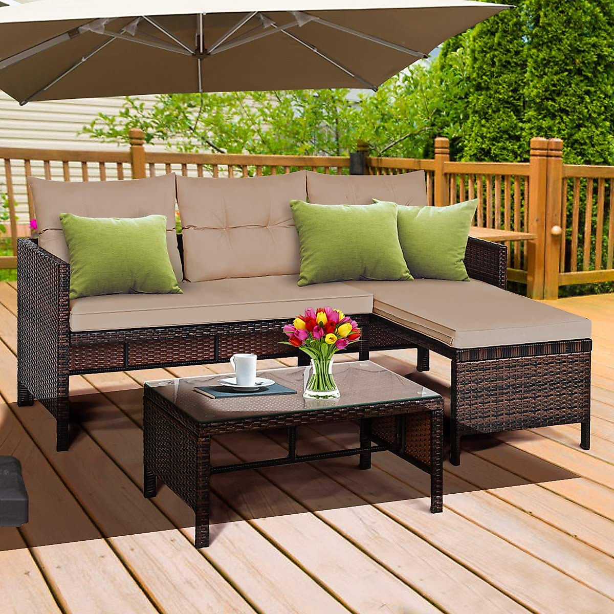 HAPPYGRILL 3-Piece Outdoor Rattan Sectional Sofa Set Patio Wicker Rattan Conversation Furniture Set, Steel Frame & Seat Cushion, Perfect for Garden Lawn Pool Backyard
