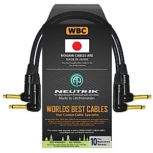WORLDS BEST CABLES 2 Units - 18 Inch - Guitar Instrument Cable CUSTOM MADE using Mogami 2524 wire and Neutrik NP2RX-B ¼ Inch (6.35mm) Right Angled Gold TS Connectors