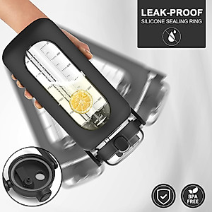 Dysco 64 oz Glass Water Bottles: Time Marker Half Gallon Motivational Water Bottle with Locking Lid and Silicone Sleeve - 2 Liter Large Water Jug Bottle for Gym, Sports, Workout (Black)