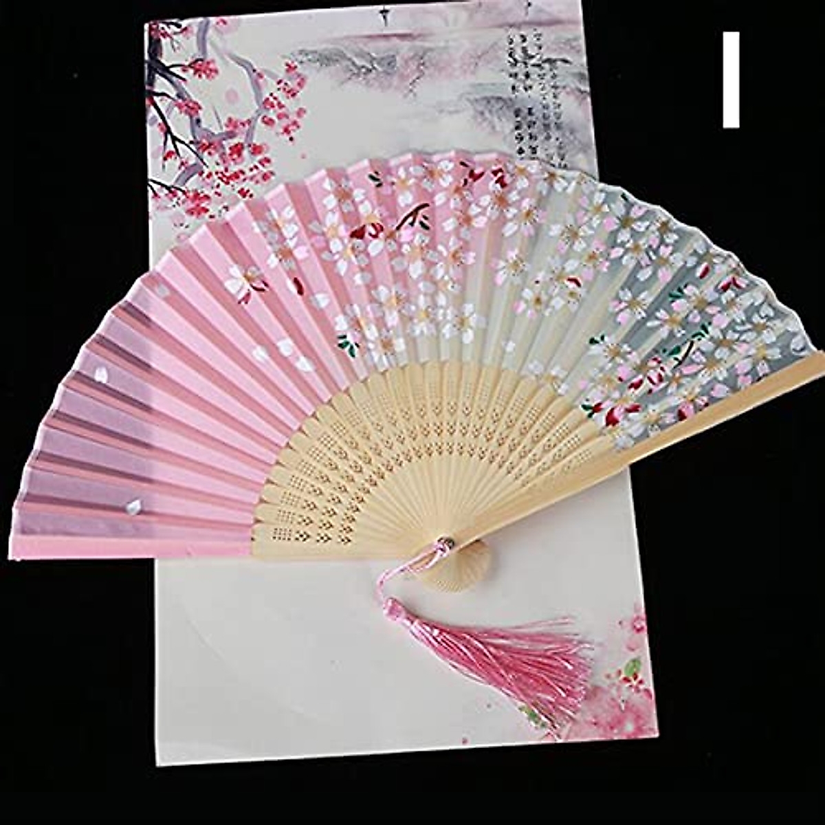 ONILA Folding Hand Fan Chinese Style Fan Pattern Folding Dance Wedding Party Lace Silk Folding Hand Held Flower Fan Girl Women Photo Prop Tool Art Craf Handheld Fans (Color : I)
