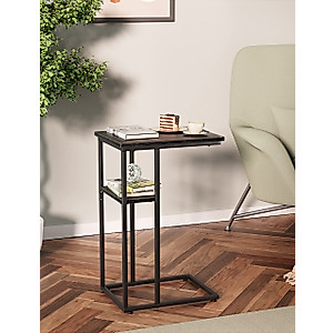 Innerjoin C Shaped End Table, Side Table with Metal Frame, TV Tray Table for Couch, 2 Shelves Sofa Table for Living Room Bedroom, Bedside, Rustic Vintage Style, Black