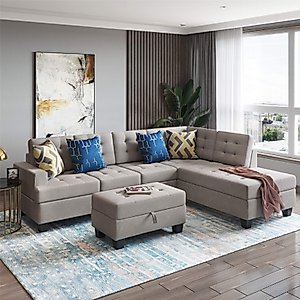 3 Piece Sectional Sofa, L-Shaped Sofa Couch, Living Room Rivet Modern Upholstered Set with Ottoman and Cushions (Gray with Chaise)