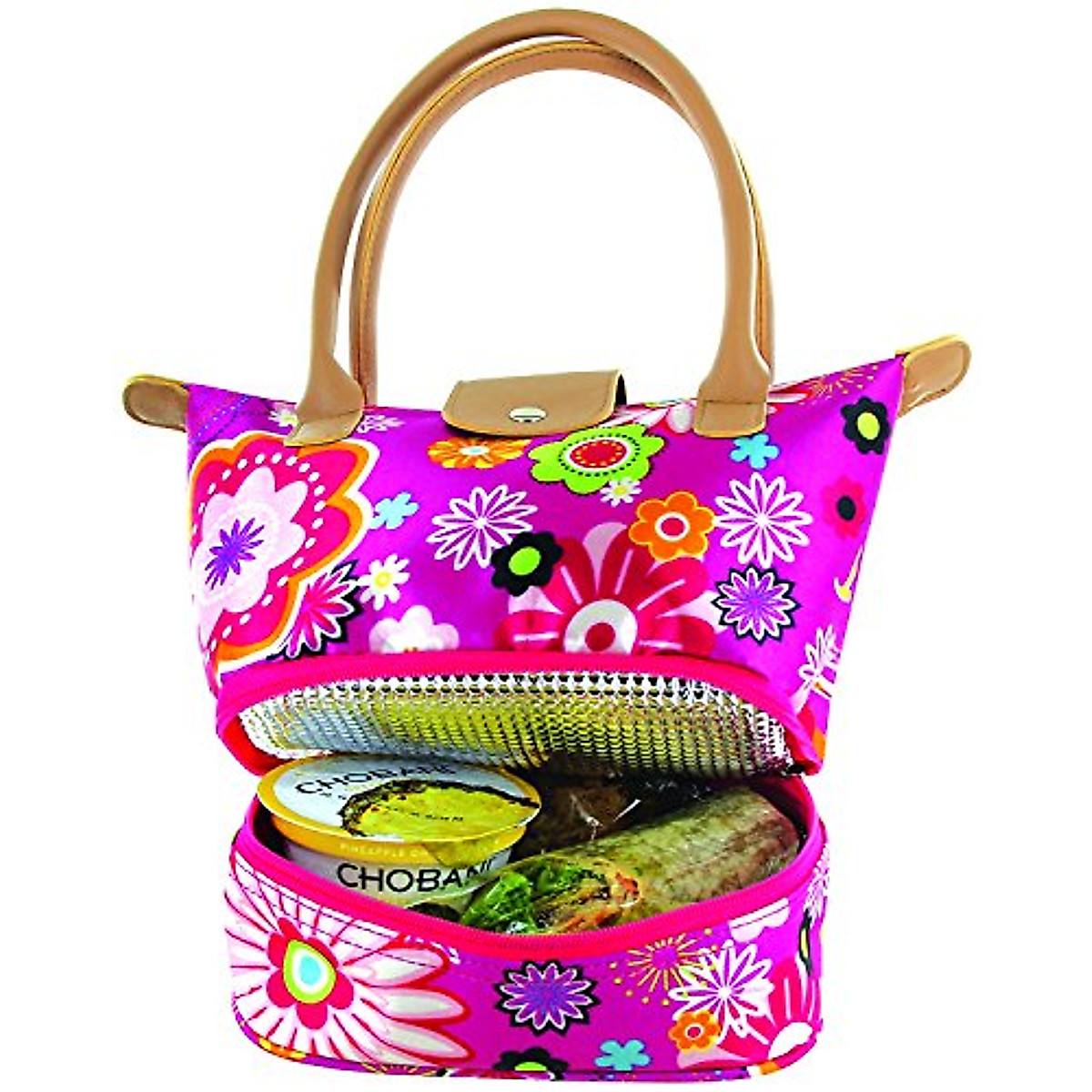 TempaMate Women's Insulated Lunch Tote, Flowers On Pink, One Size