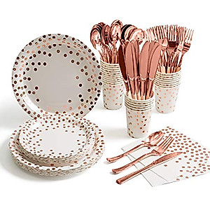 175 Pieces Rose Gold Party Supplies - Rose Gold Dot on White Paper Plates and Napkins Cups Silverware Serves 25 Sets for Wedding Bridal Shower Engagement Birthday Parties