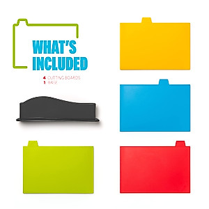 Plastic Cutting Boards for Kitchen - Colorful Flexible Cutting Mats for Cooking With Ventilated Storage Stand - Anti-Skid BPA-Free Chopping Mats for Fruits, Vegetables, Meats, Seafood & More - 4 Pack