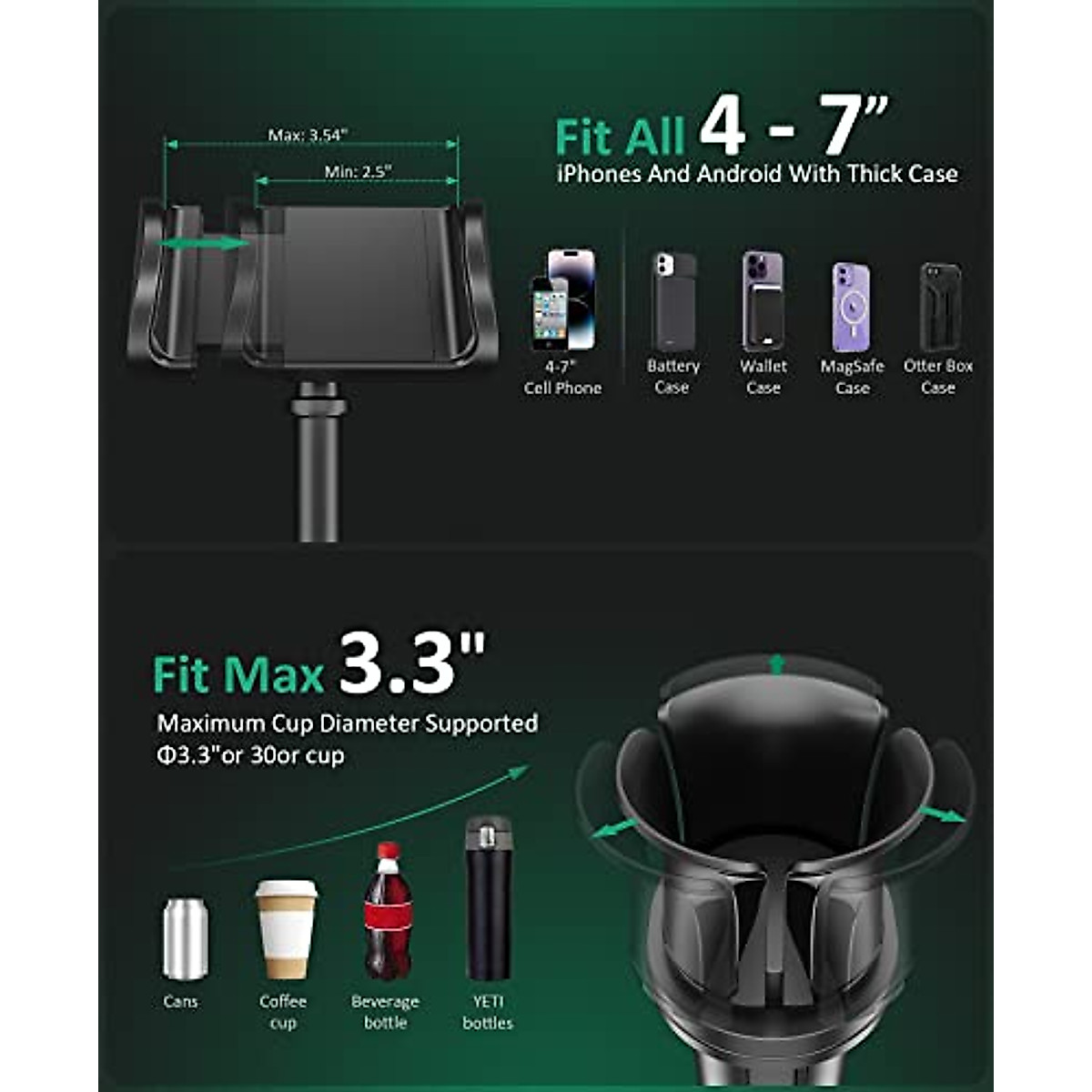 Car Cup Holder Phone Mount: Universal Auto Cell Phone Stand with Drink Expand Cup Holder for Truck | SUV | Automobile Compatible with iPhone & Samsung and Other Android Smartphone