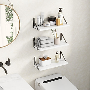 White Floating Shelves Set of 3 with Black Bracket, Wooden Wall Book Shelves, Wall Mounted Bathroom Shelves, Modern Storage Shelf Bathroom Organizer, Living Room, Kitchen, Office (16.5 inches Long)